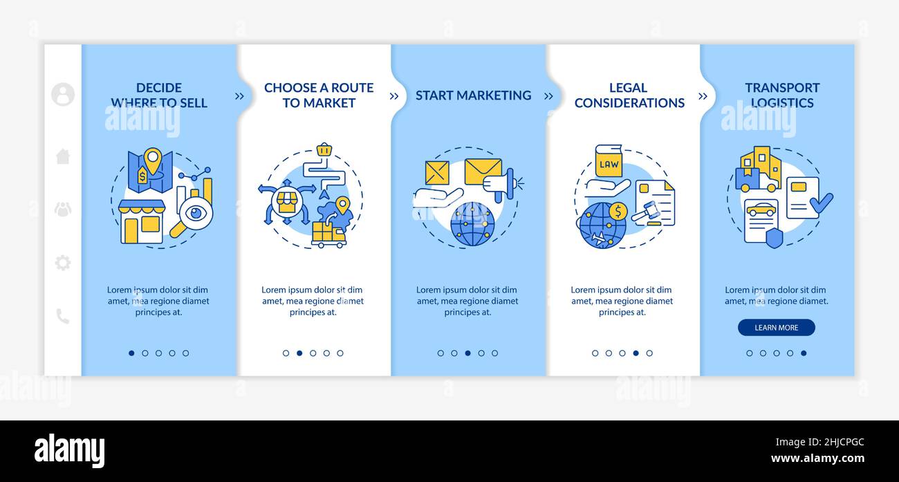 Export business tips blue and white onboarding template Stock Vector ...