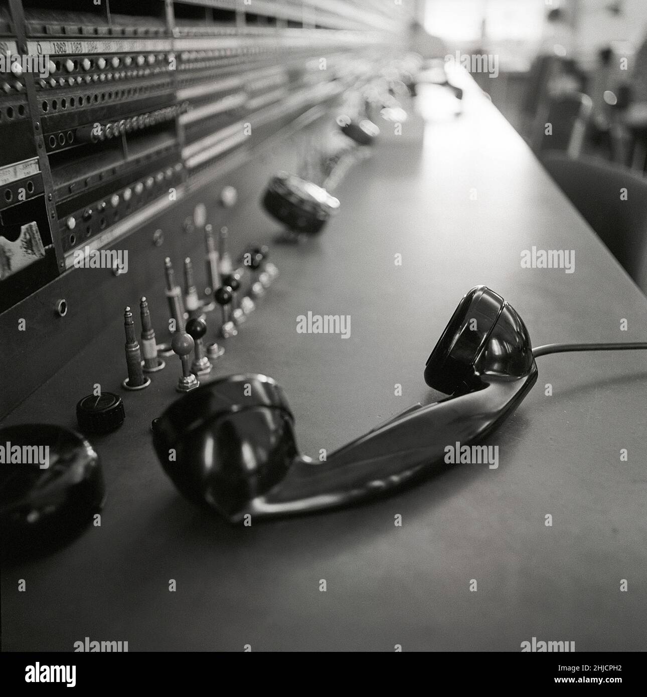 Telephony in the 1970s. Interior from an empty room with a large ...