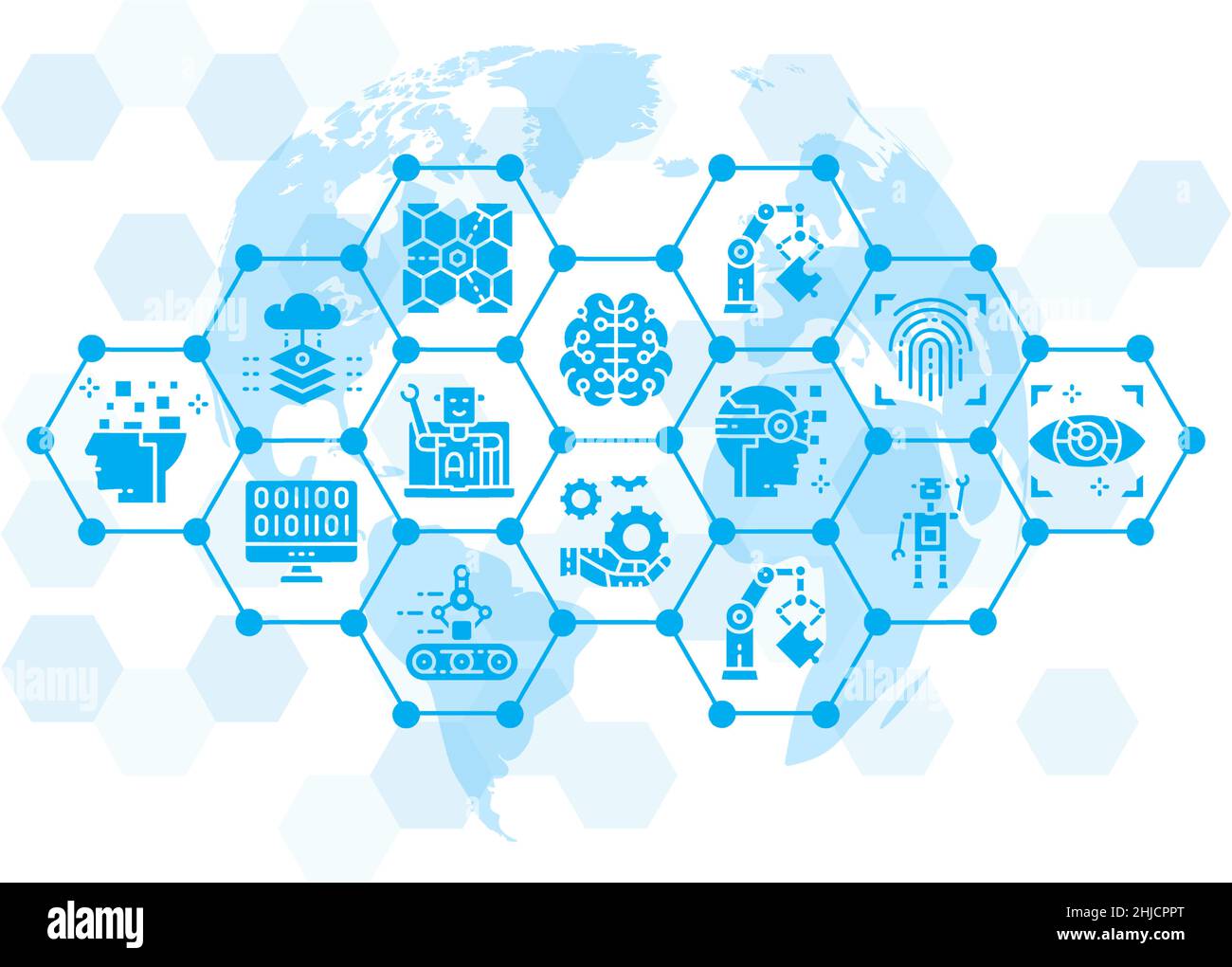 Artificial Intelligence icons web banner. Robotics, Chatbot, Database, Big Data promotion ...