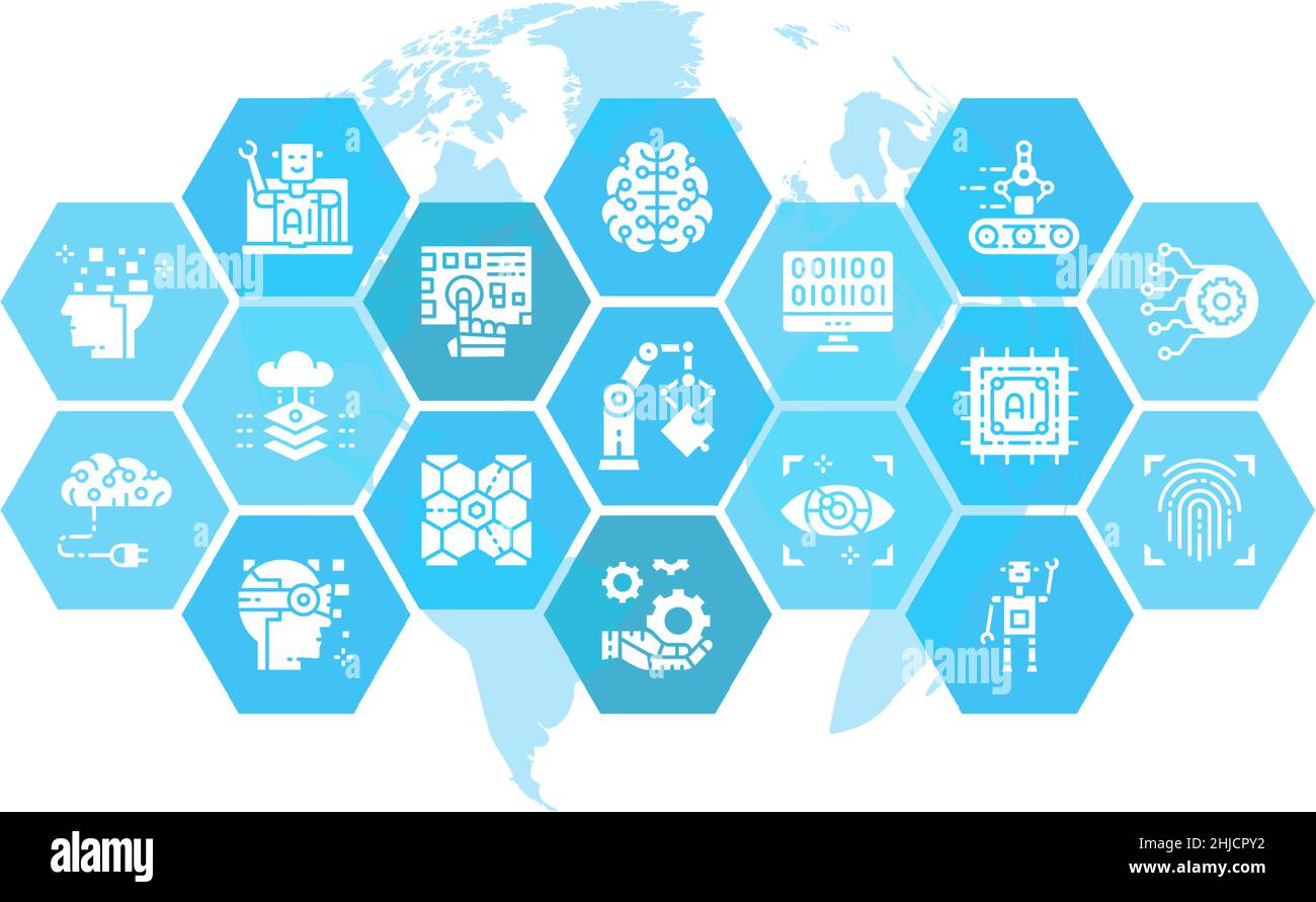 Artificial Intelligence thin icons vector illustration. Robotics, Chatbot, Database, Big Data ...