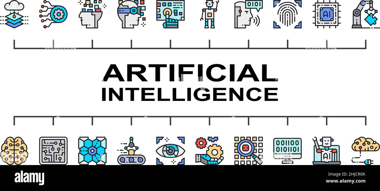 Artificial Intelligence color icon banner. Robotics, Chatbot, Database, Big Data vector ...