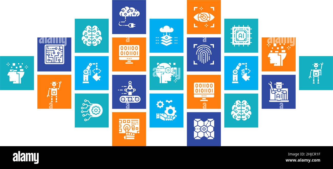 Artificial Intelligence flat design web banner. Robotics, Chatbot, Database, Big Data line icons ...