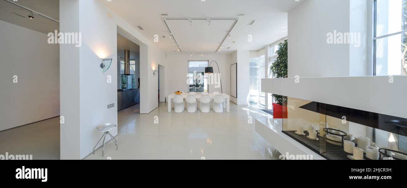 Modern interior of luxury private house. Spacious living room with ...