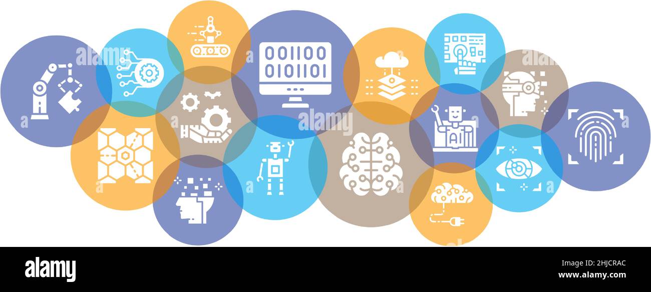 Artificial Intelligence design illustration concept. Robotics, Chatbot, Database, Big Data web ...