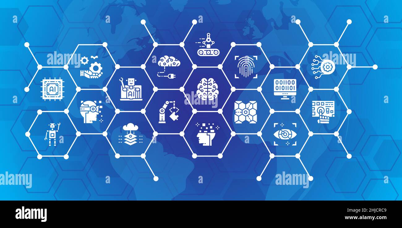 Artificial Intelligence infographic banner with icon elements. Robotics ...