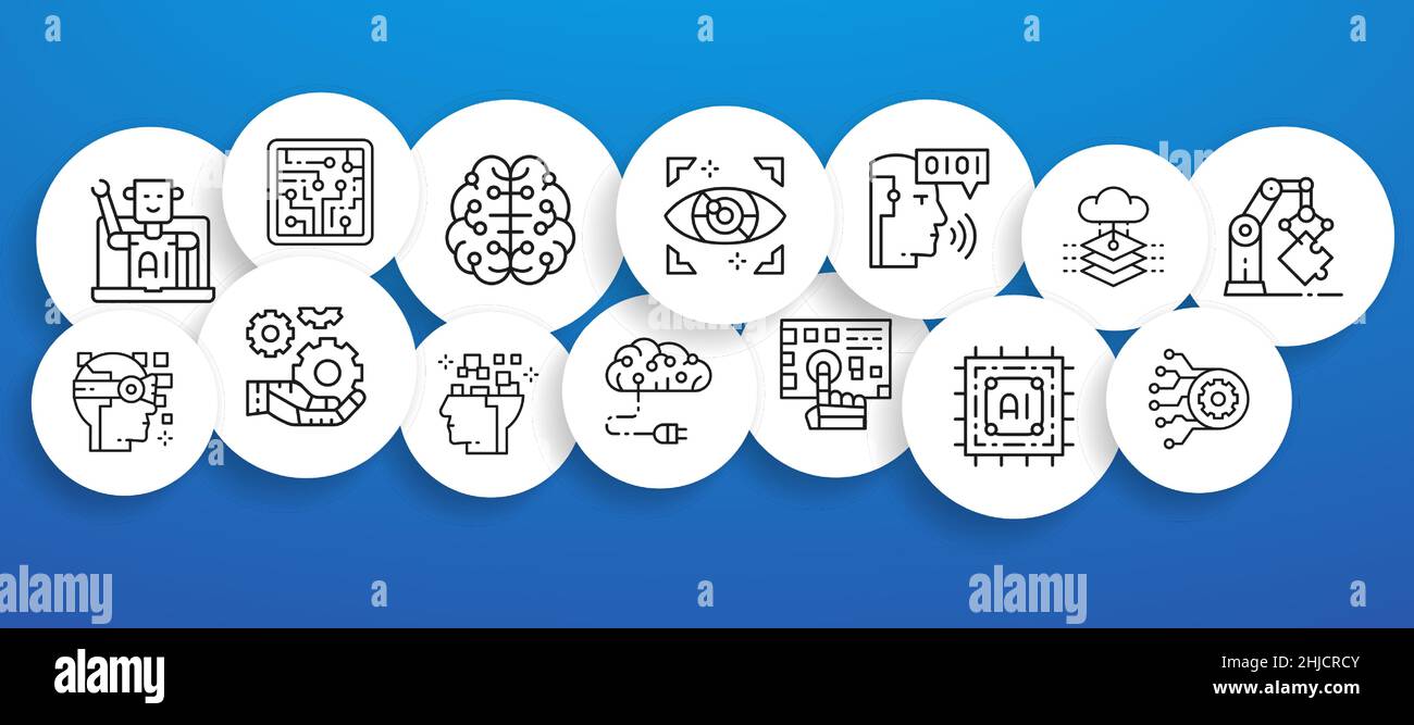 Artificial Intelligence banner with line icons. Robotics, Chatbot, Database, Big Data ...