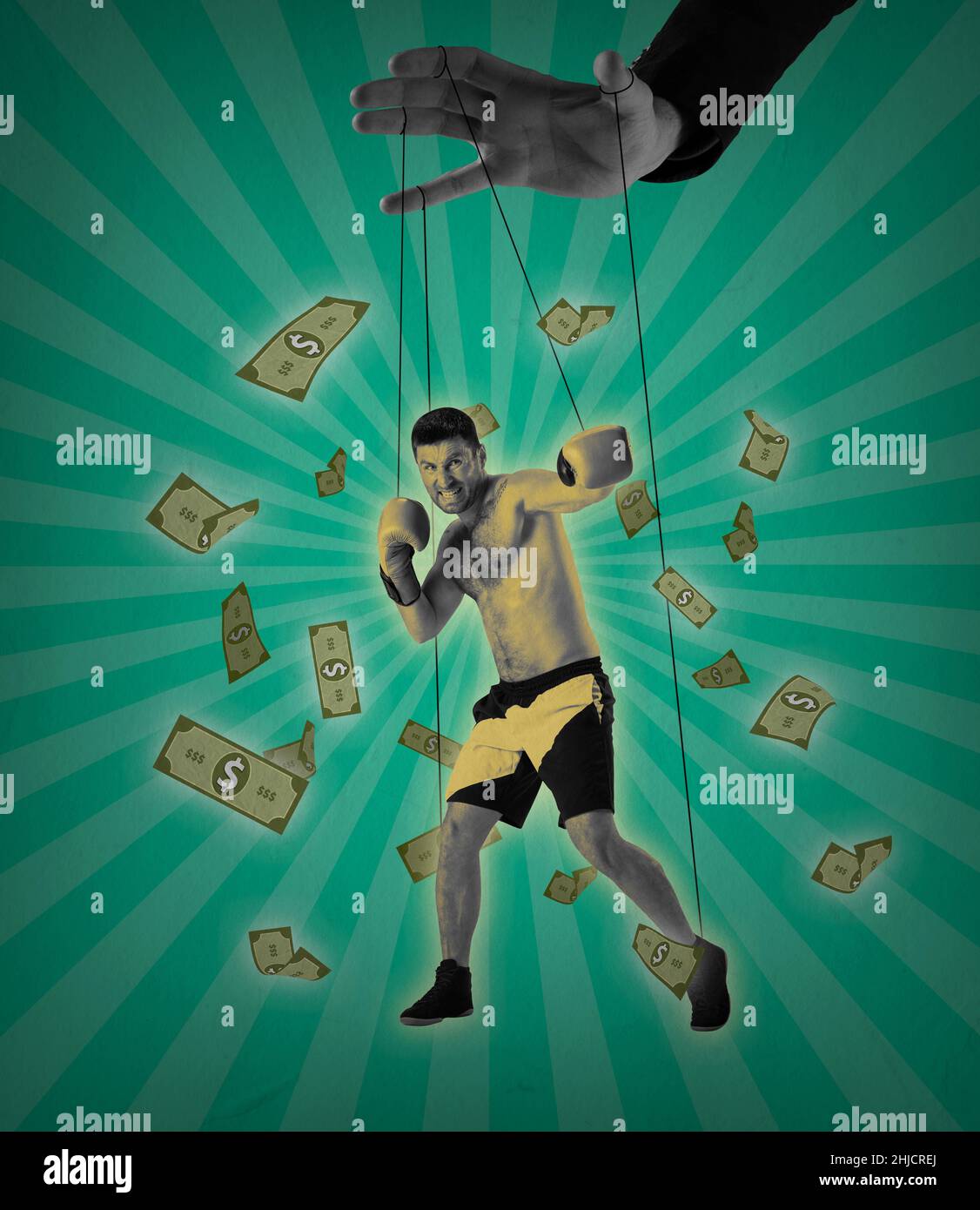 Sportive man, boxer like puppet in male hand on green background with ...