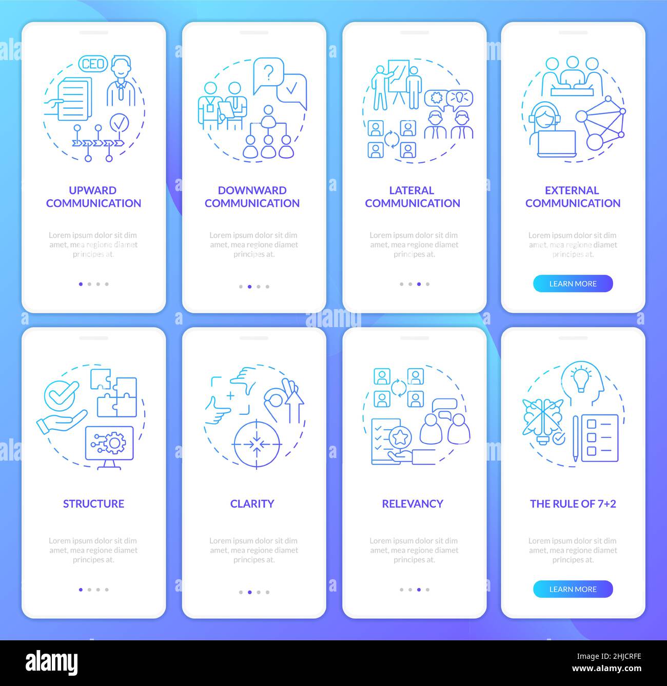 Corporate communication blue gradient onboarding mobile app screen set ...
