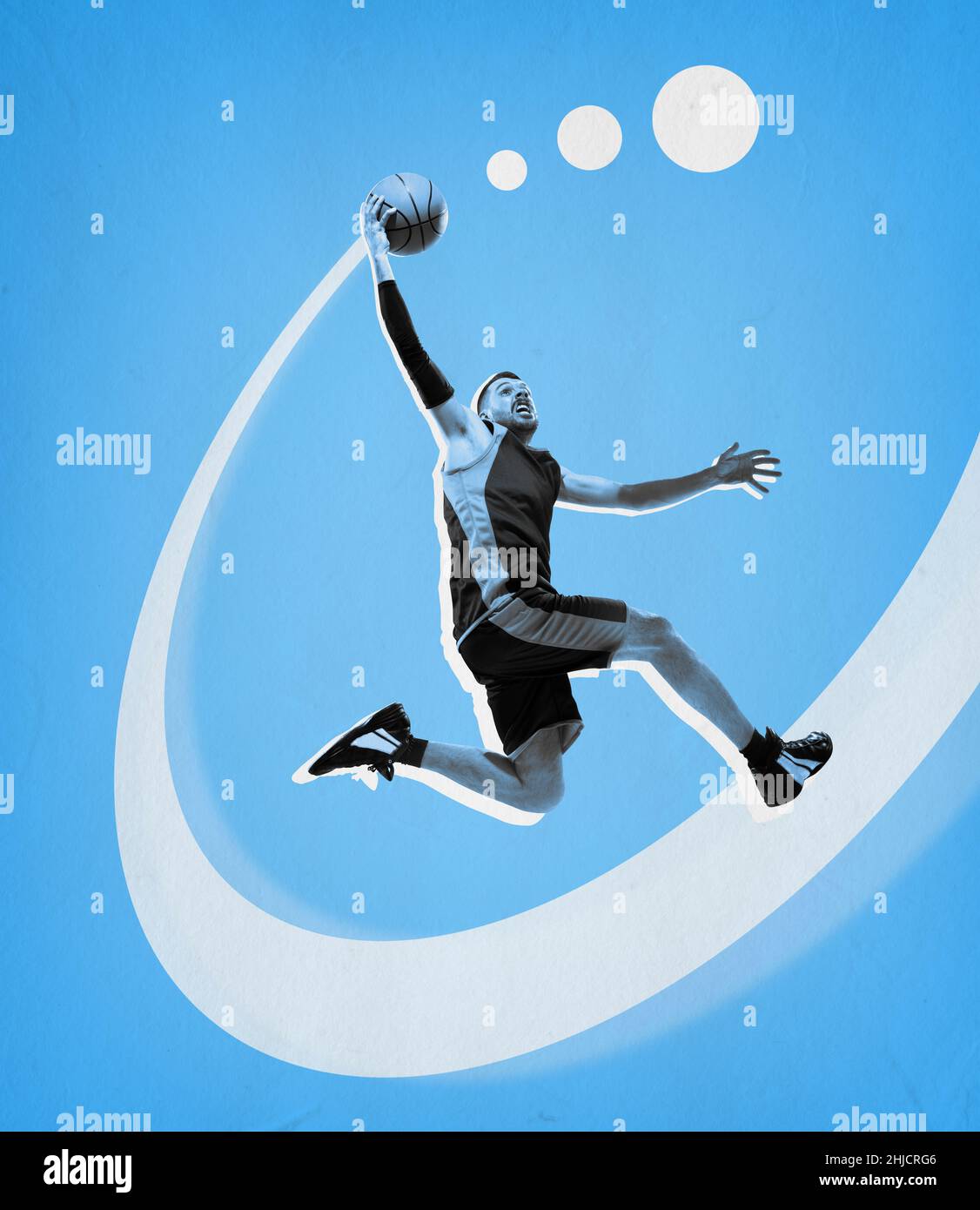 Contemporary art collage with young basketball player jumping with ball ...