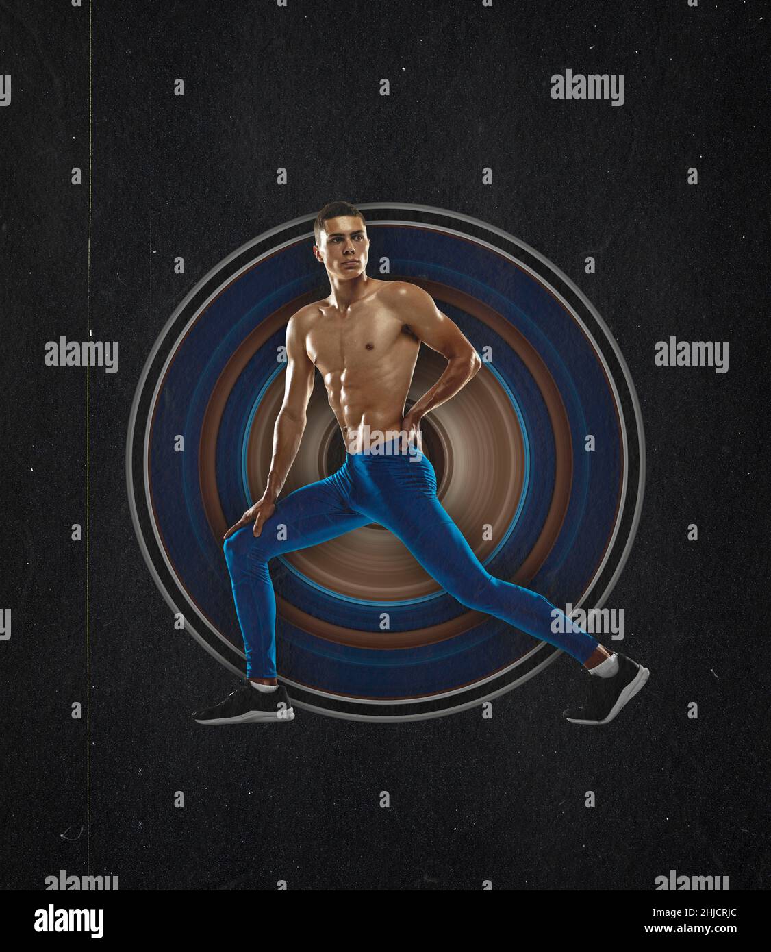 Muscle man, runner training isolated on dark background with dust ...