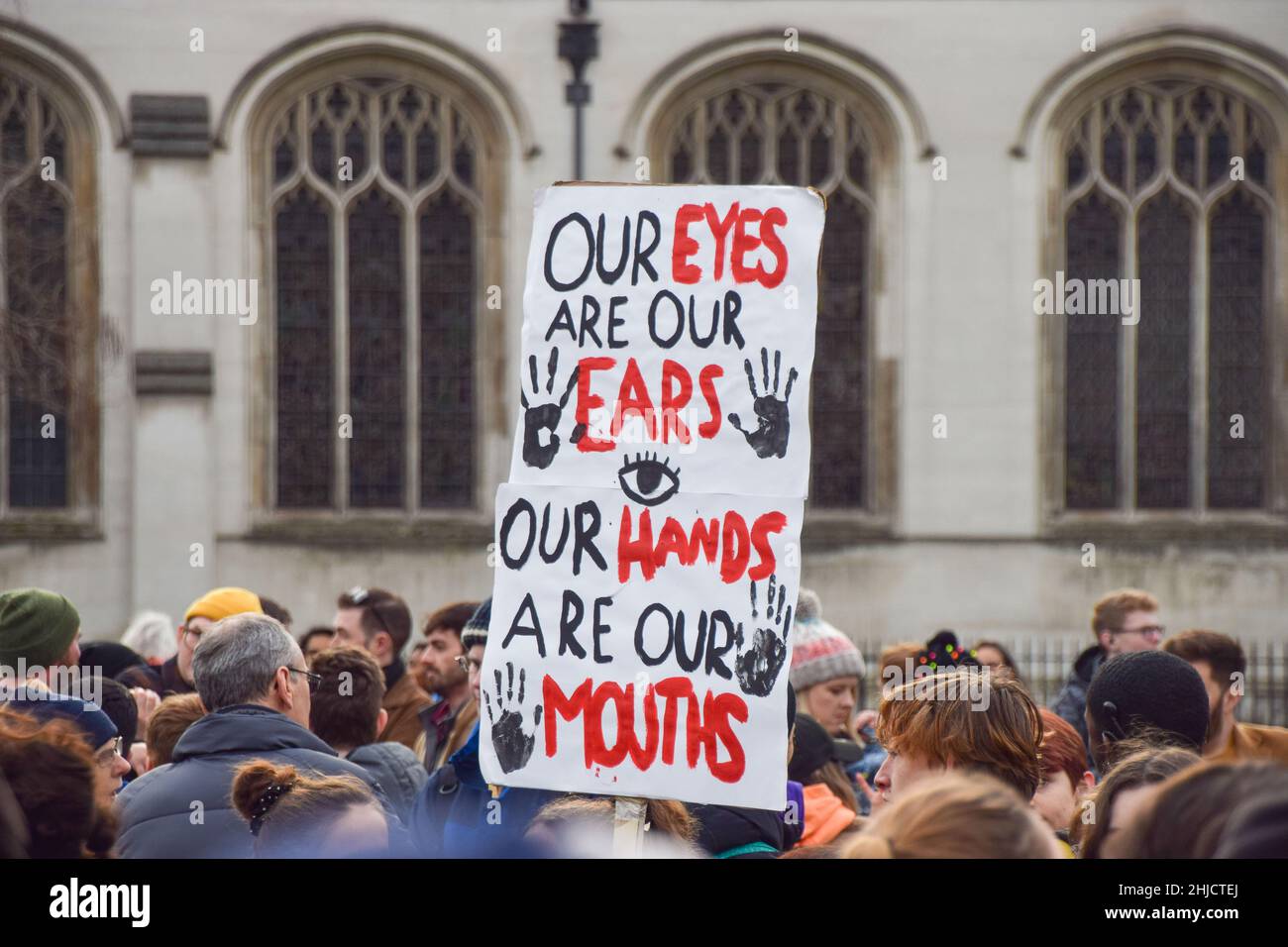 London, UK. 28th Jan, 2022. Hundreds of people gathered in Parliament ...