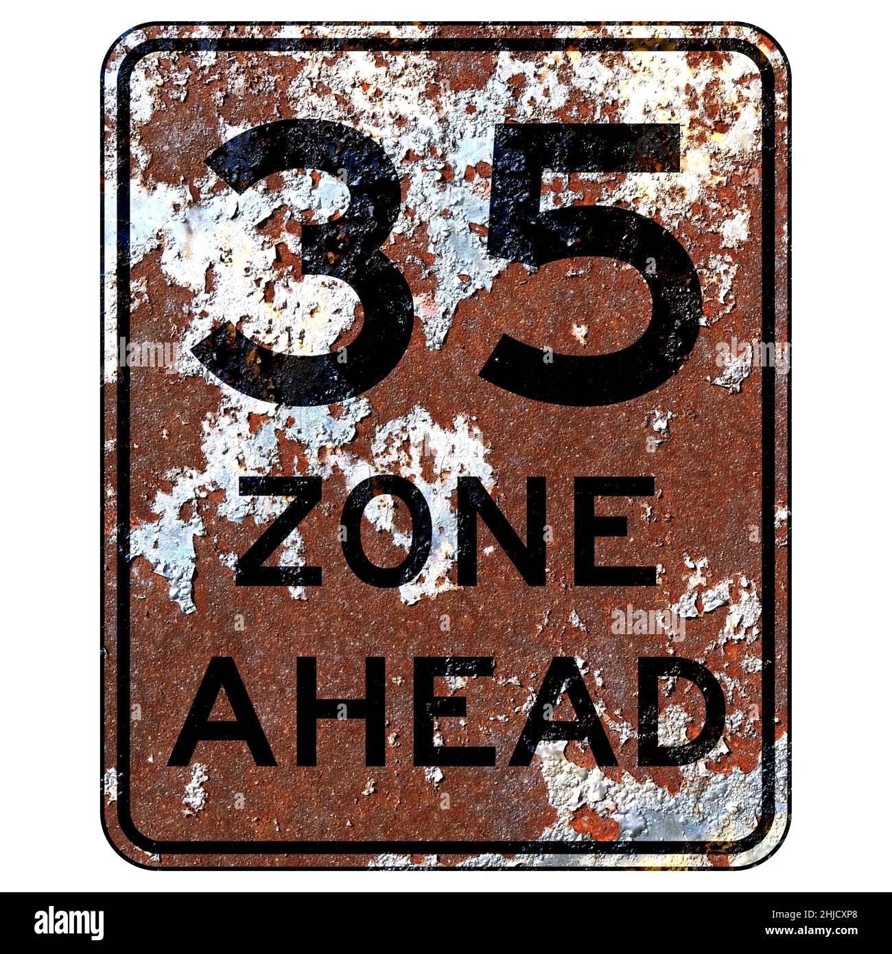 Old rusty American road sign - 35 zone ahead Stock Photo - Alamy