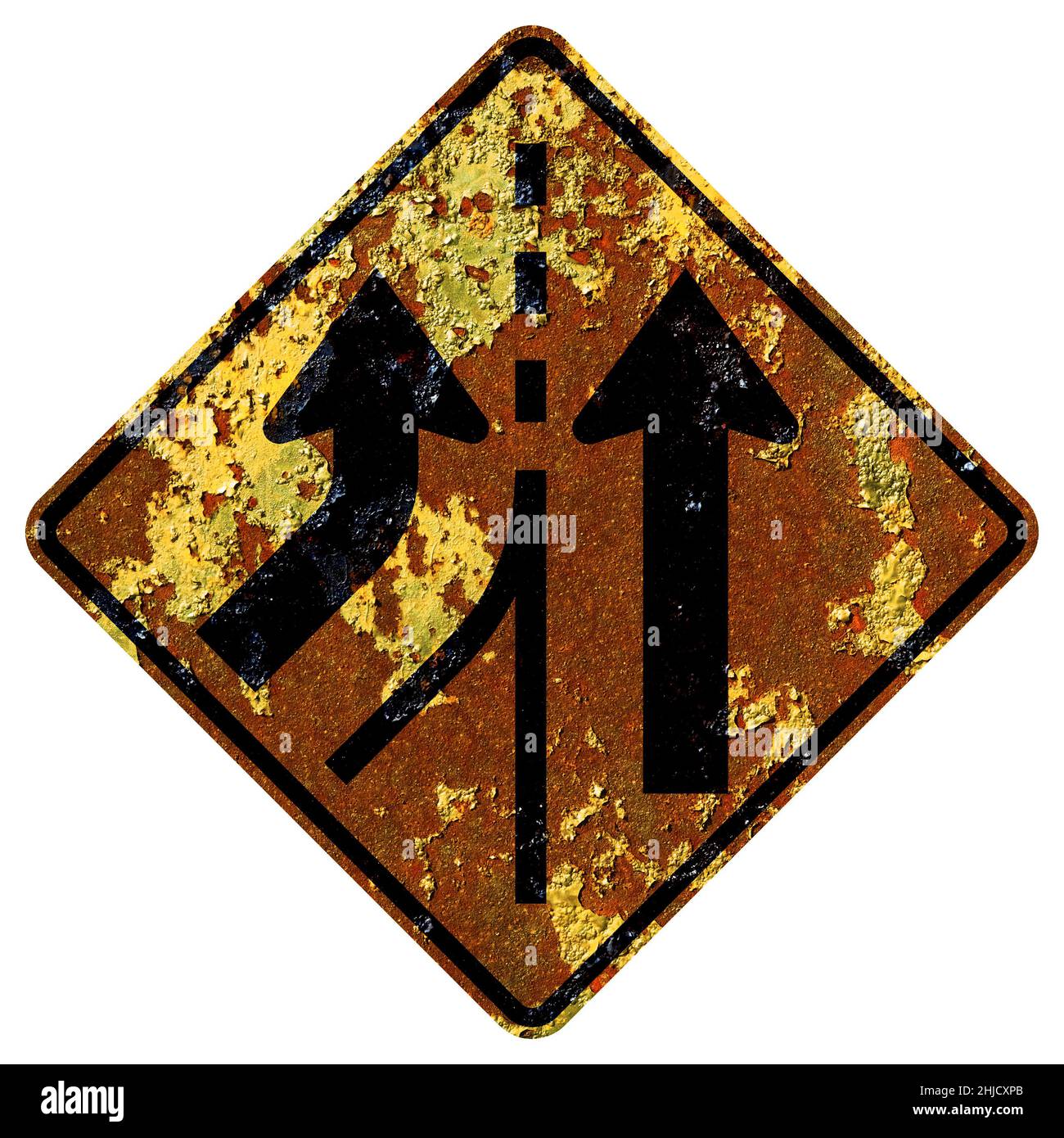 Old rusty American road sign - Added lane (via merge Stock Photo - Alamy