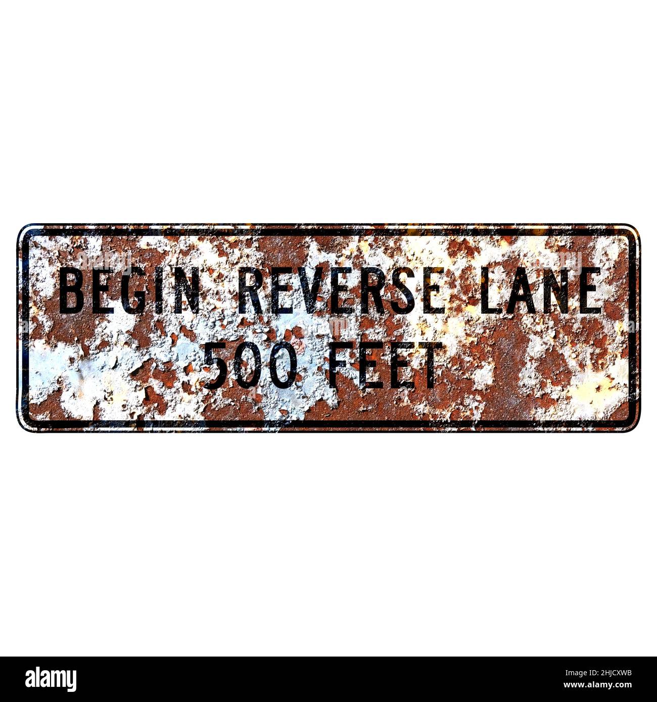 Old rusty American road sign - Begin reverse lane 500 feet Stock Photo ...