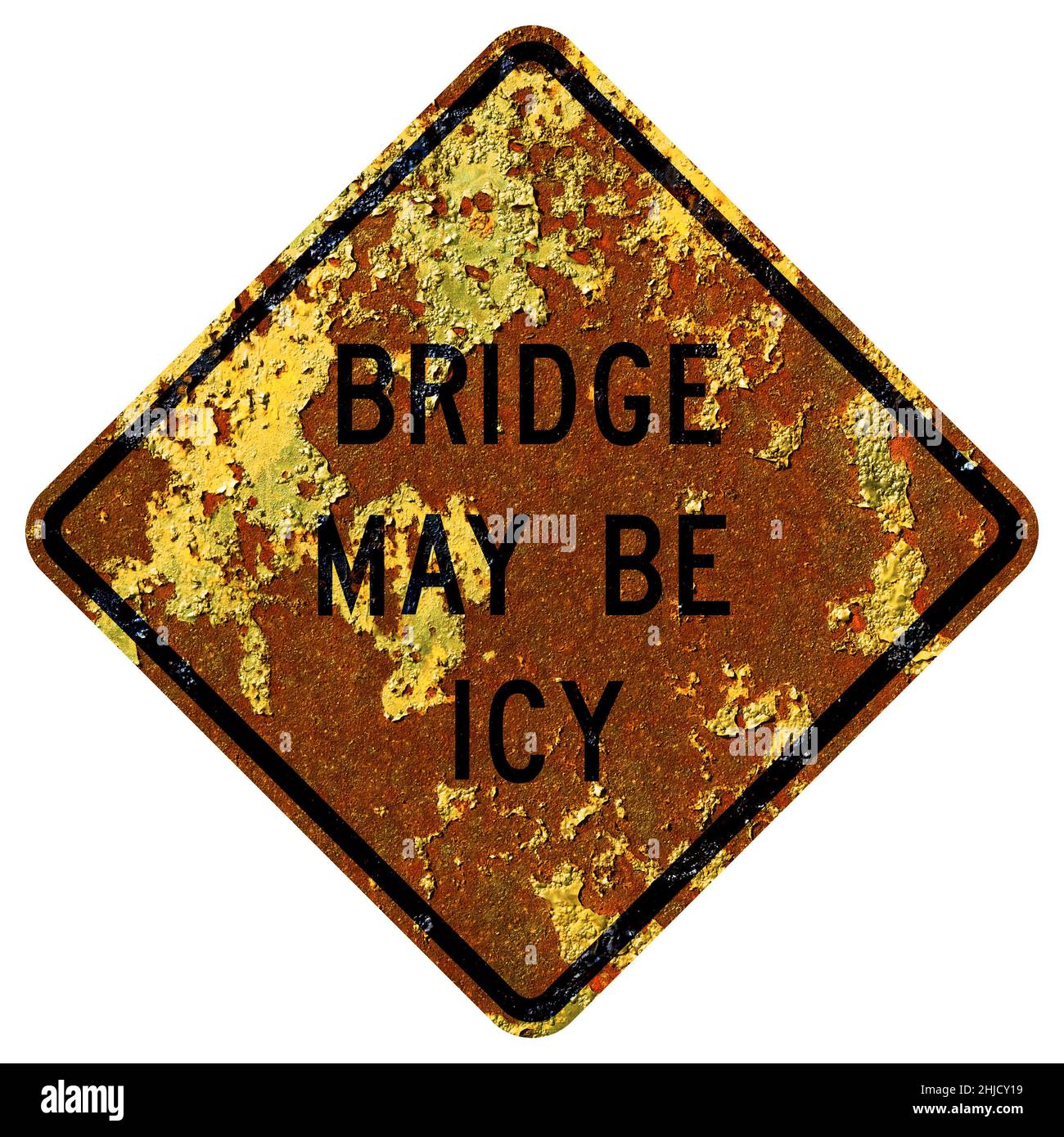 Old rusty American road sign - Bridge may be icy, Michigan Stock Photo ...