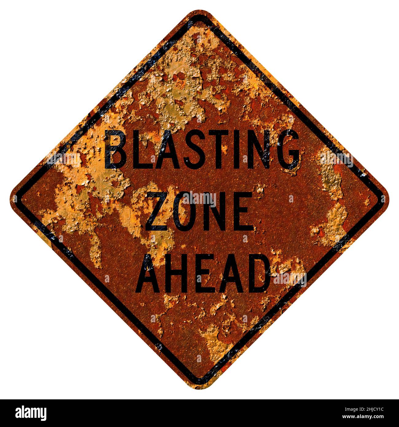 Old rusty American road sign - Blasting zone ahead Stock Photo - Alamy