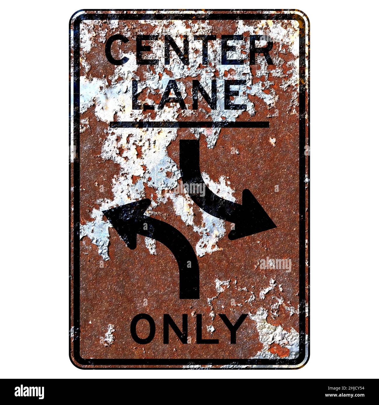 Old rusty American road sign - Concurrent Center Left Turn Lane Stock ...