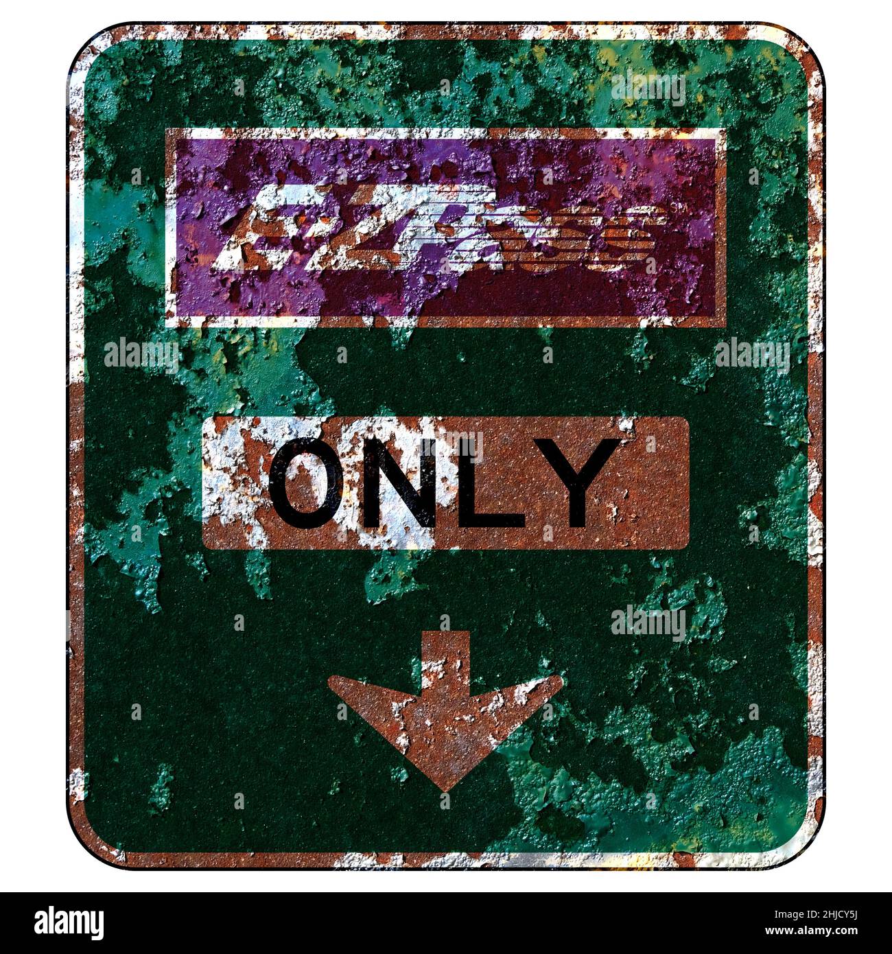 Old rusty American road sign - Conventional E-Z Pass Toll Plaza advance ...