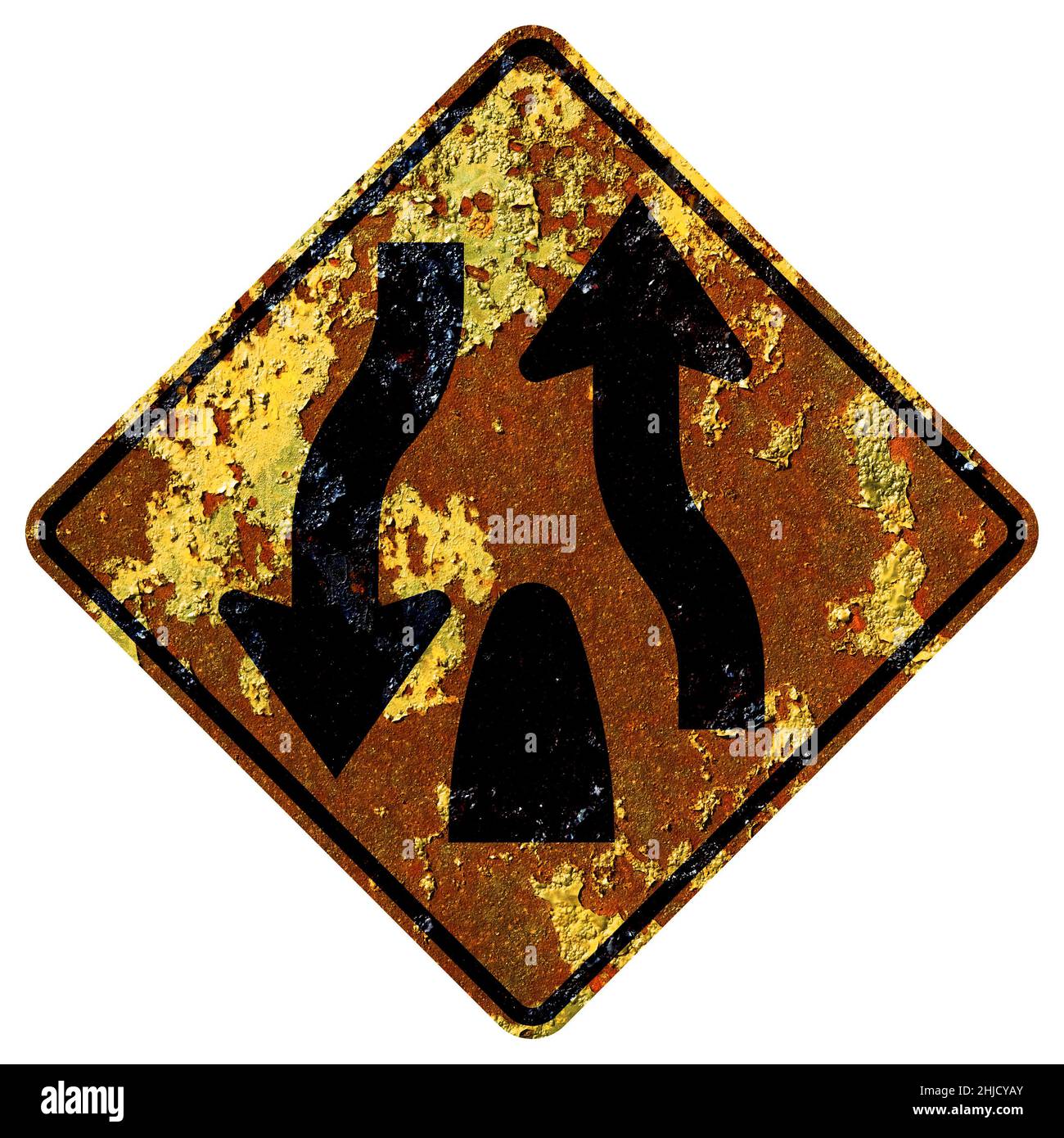 Old rusty American road sign - Divided highway ends Stock Photo - Alamy