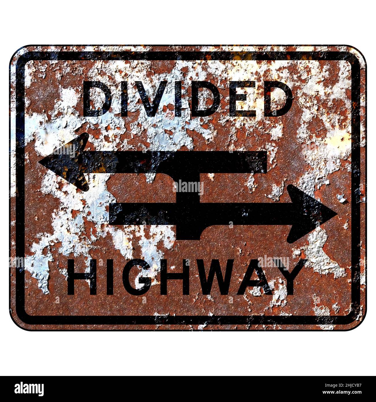 Old rusty American road sign - Divided Highway crossing T intersection ...