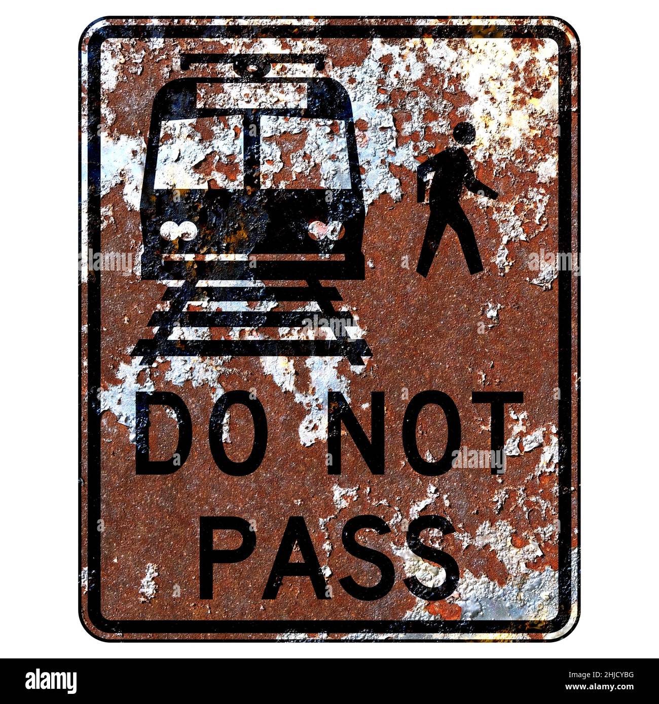 Old rusty American road sign - Do not pass stopped trains Stock Photo ...