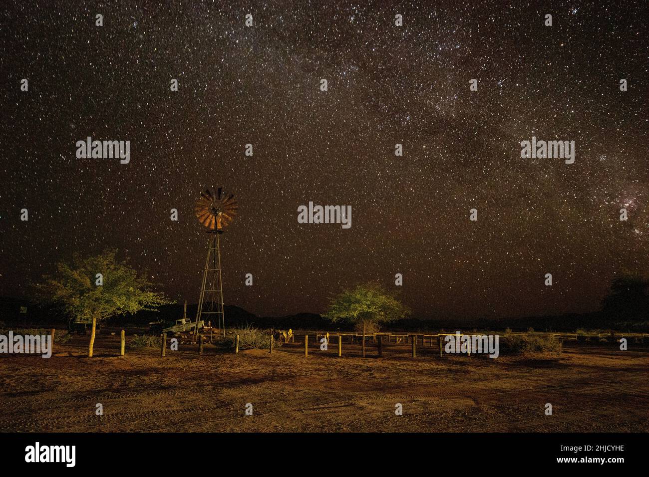 Starry night with water pump, Solitaire, Namibia Stock Photo - Alamy