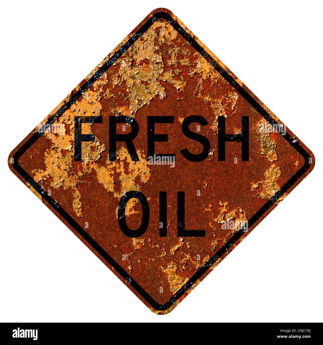 Old rusty American road sign - Fresh oil on road Stock Photo - Alamy