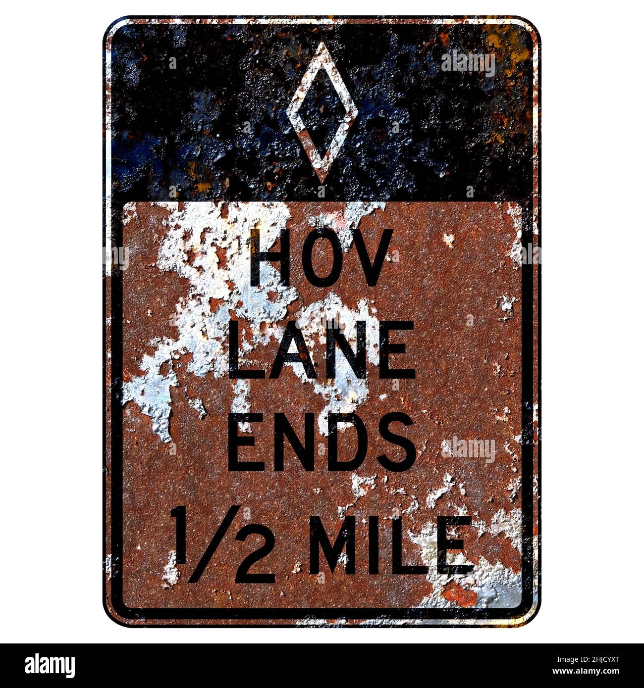 Old rusty American road sign - Hov lane ends half mile Stock Photo - Alamy