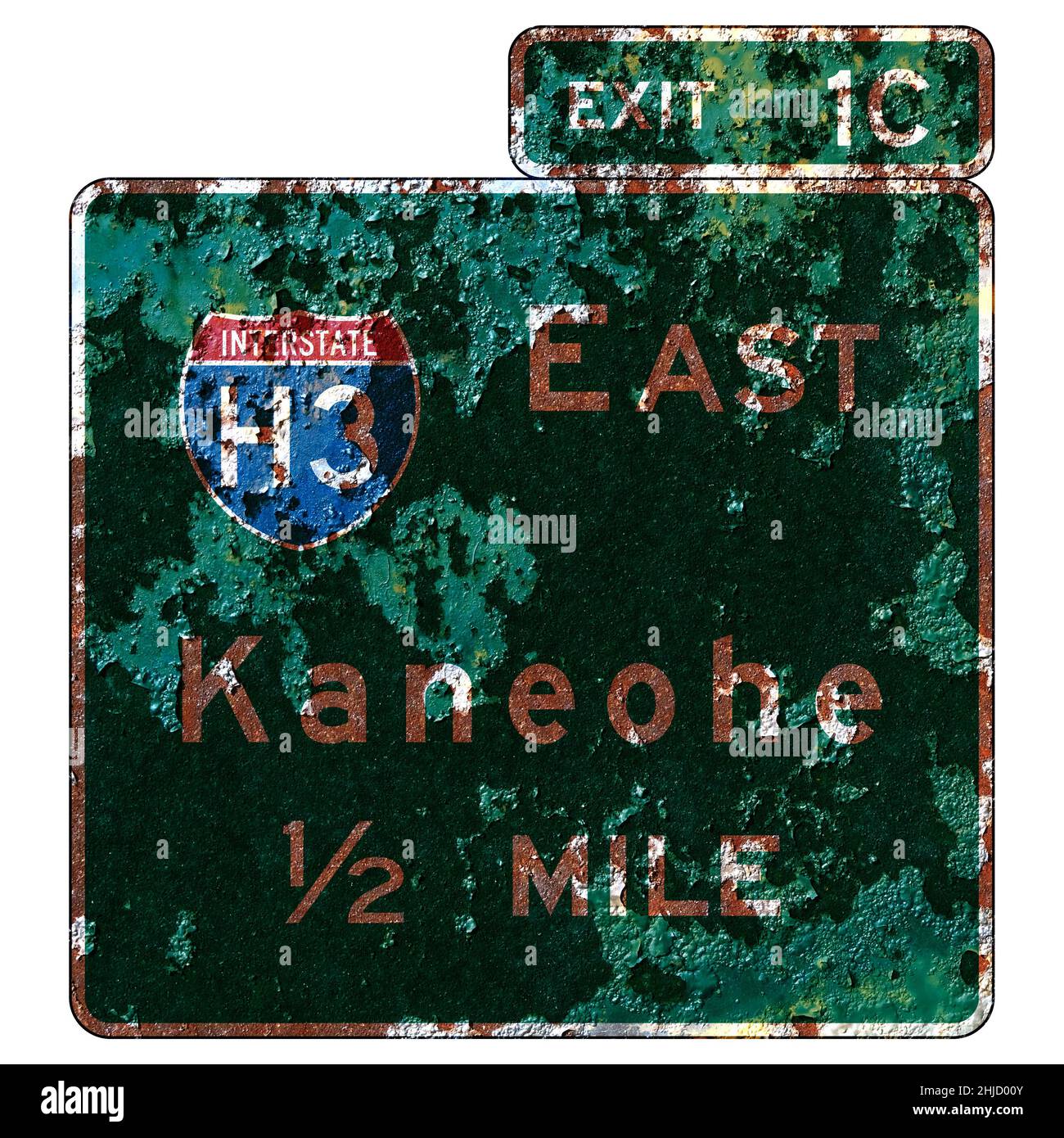 Old rusty American road sign - Interchange advance guide, Hawaii Stock ...