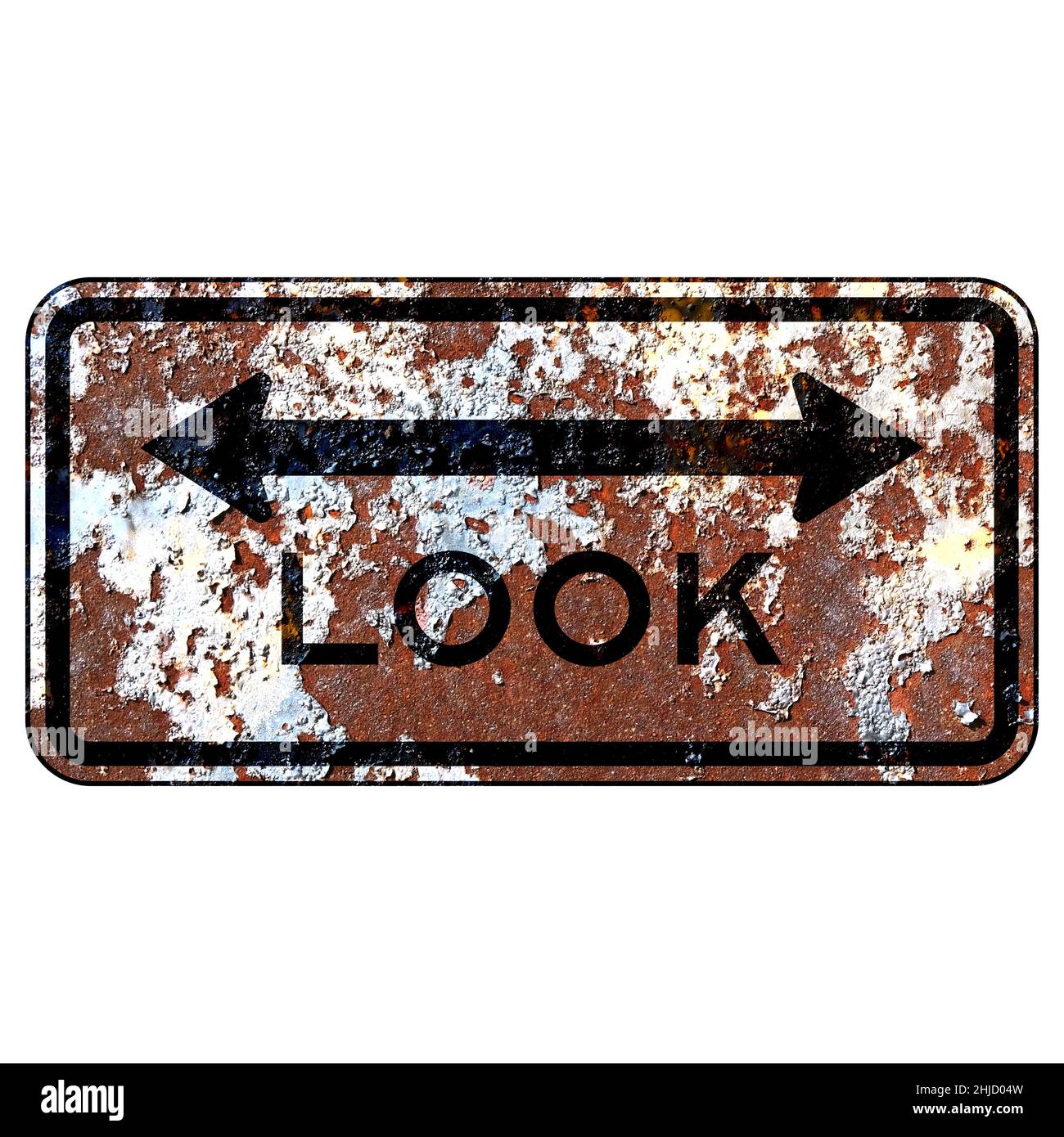 Old rusty American road sign - Look both ways at track Stock Photo - Alamy