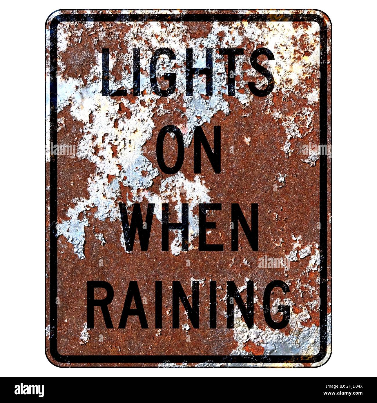 Old rusty American road sign - Lights on when raining Stock Photo - Alamy