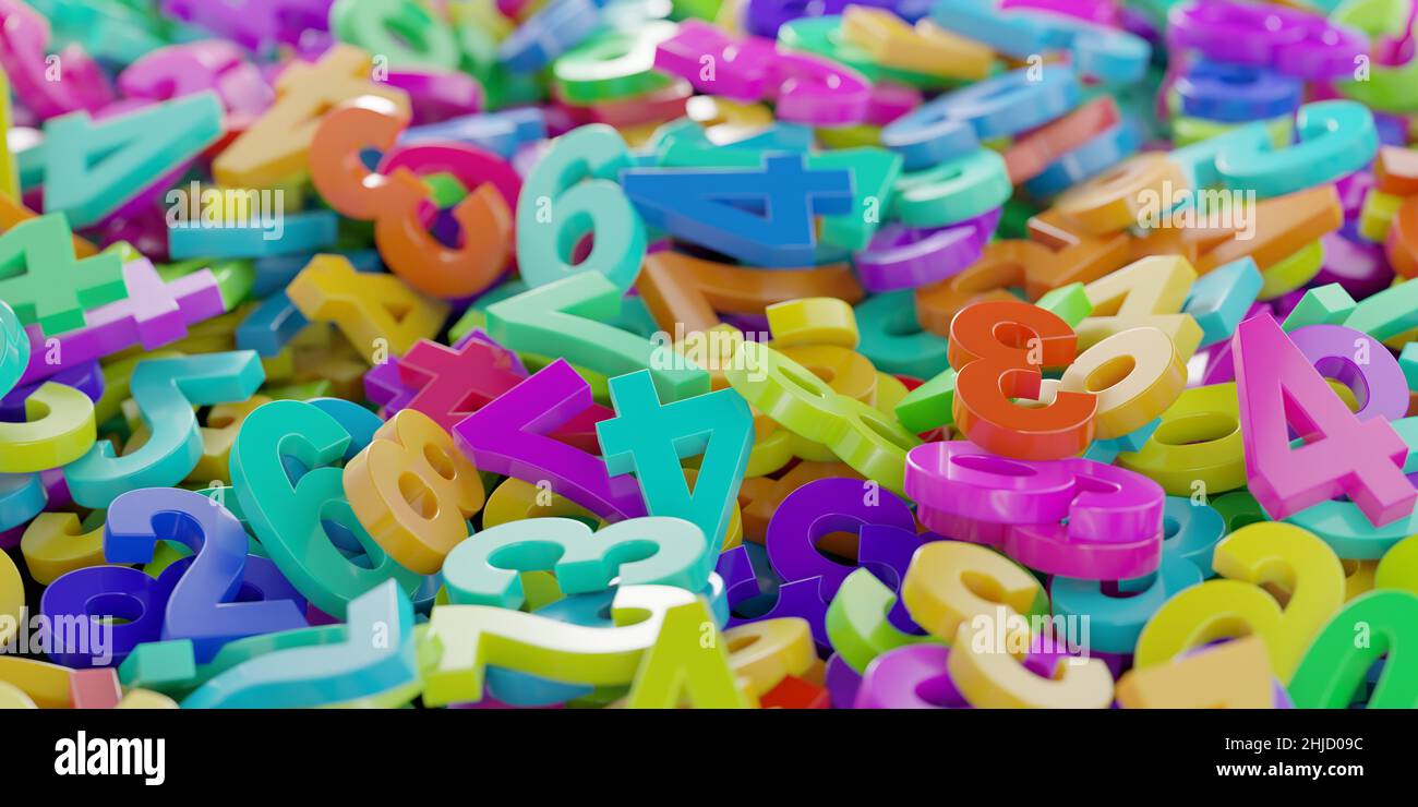 Colorful rainbow spectrum colored random digit plastic numbers heap ...