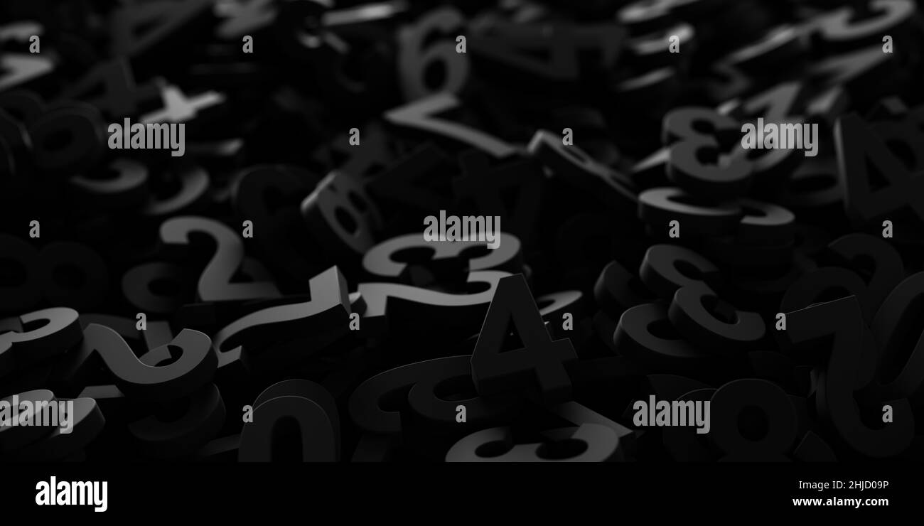 Black monochrome colored random digit numbers heap background, algebra ...