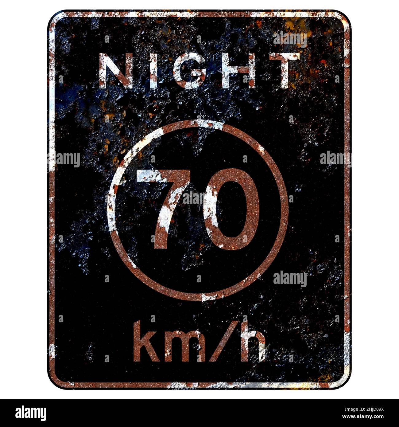 Old rusty American road sign - Night Speed Limit metric Stock Photo - Alamy