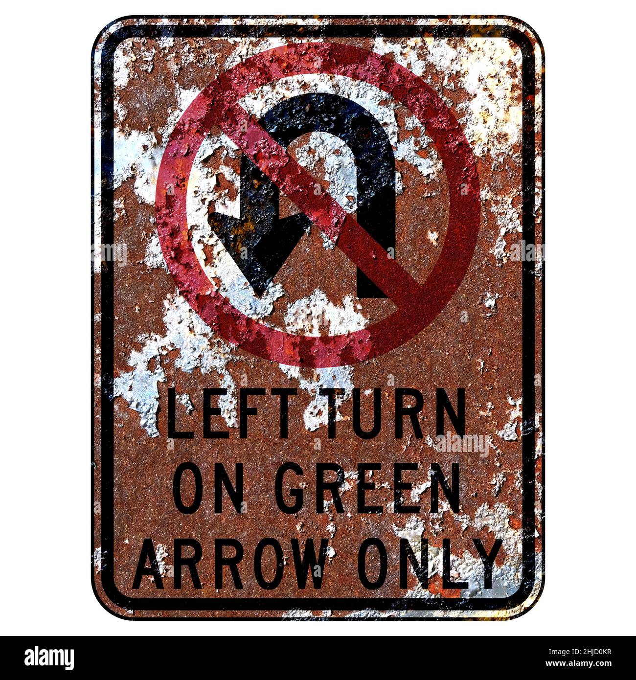 Old rusty American road sign - No U-turn - left turn on green arrow ...