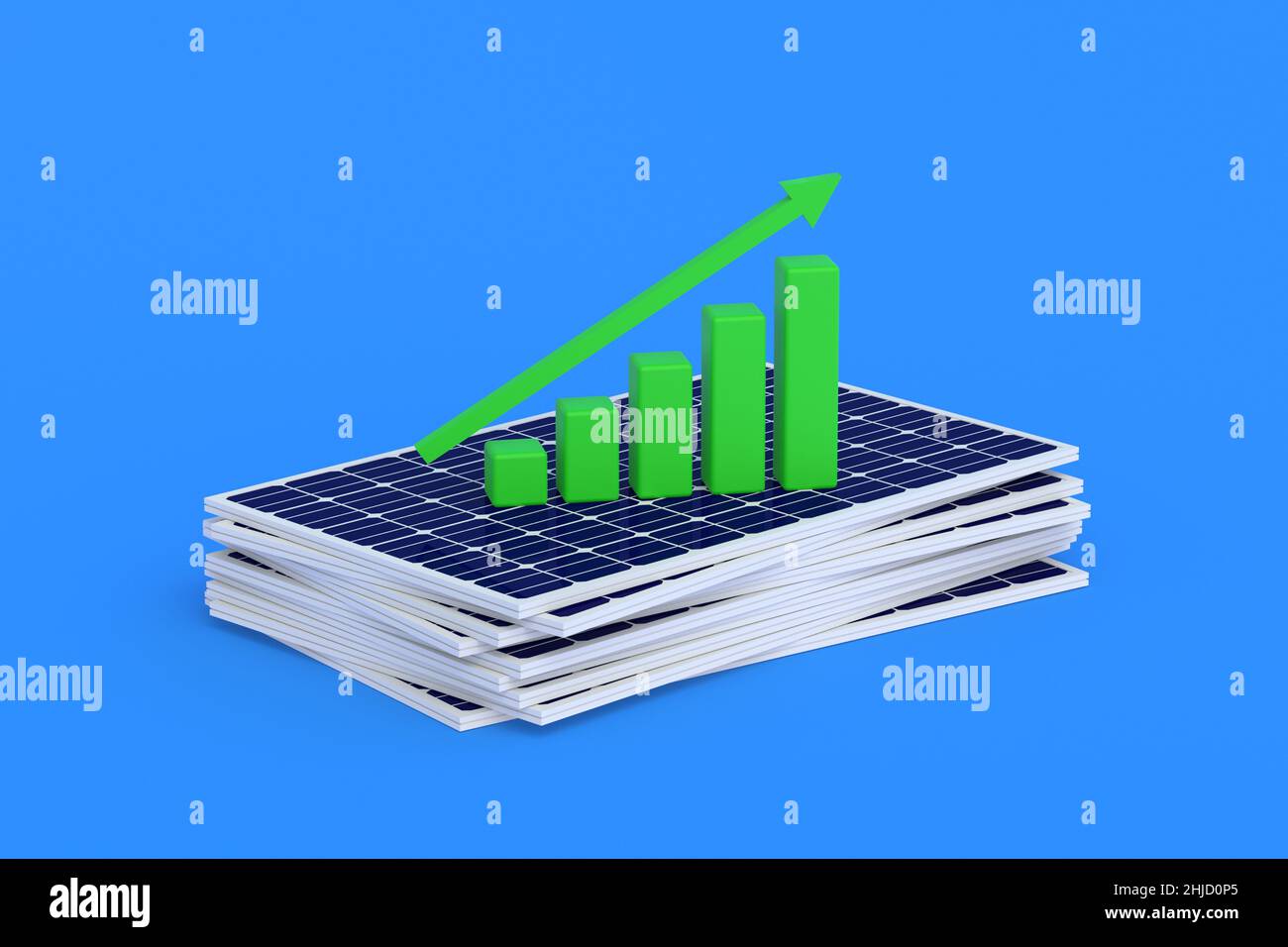 Heap of solar panels near graph. Positive growth dynamics, construction ...