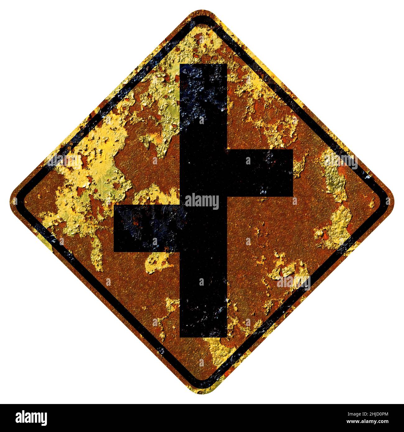 Old rusty American road sign - Offset roads Stock Photo - Alamy