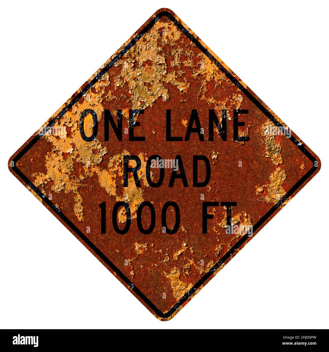 Old rusty American road sign - One lane road ahead(with distance Stock ...