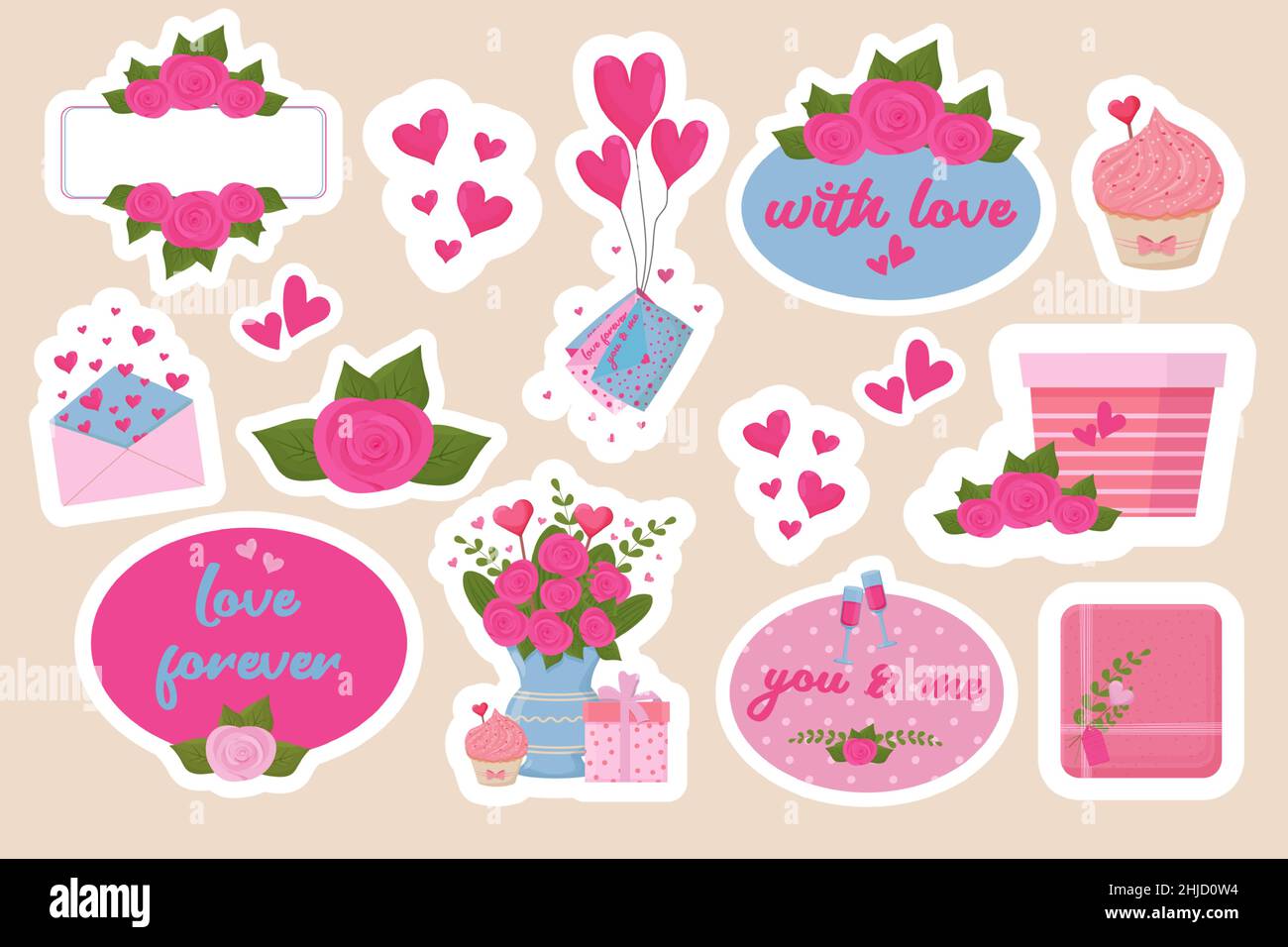 Romantic stickers set with frames, pink roses, gifts, love letter and ...