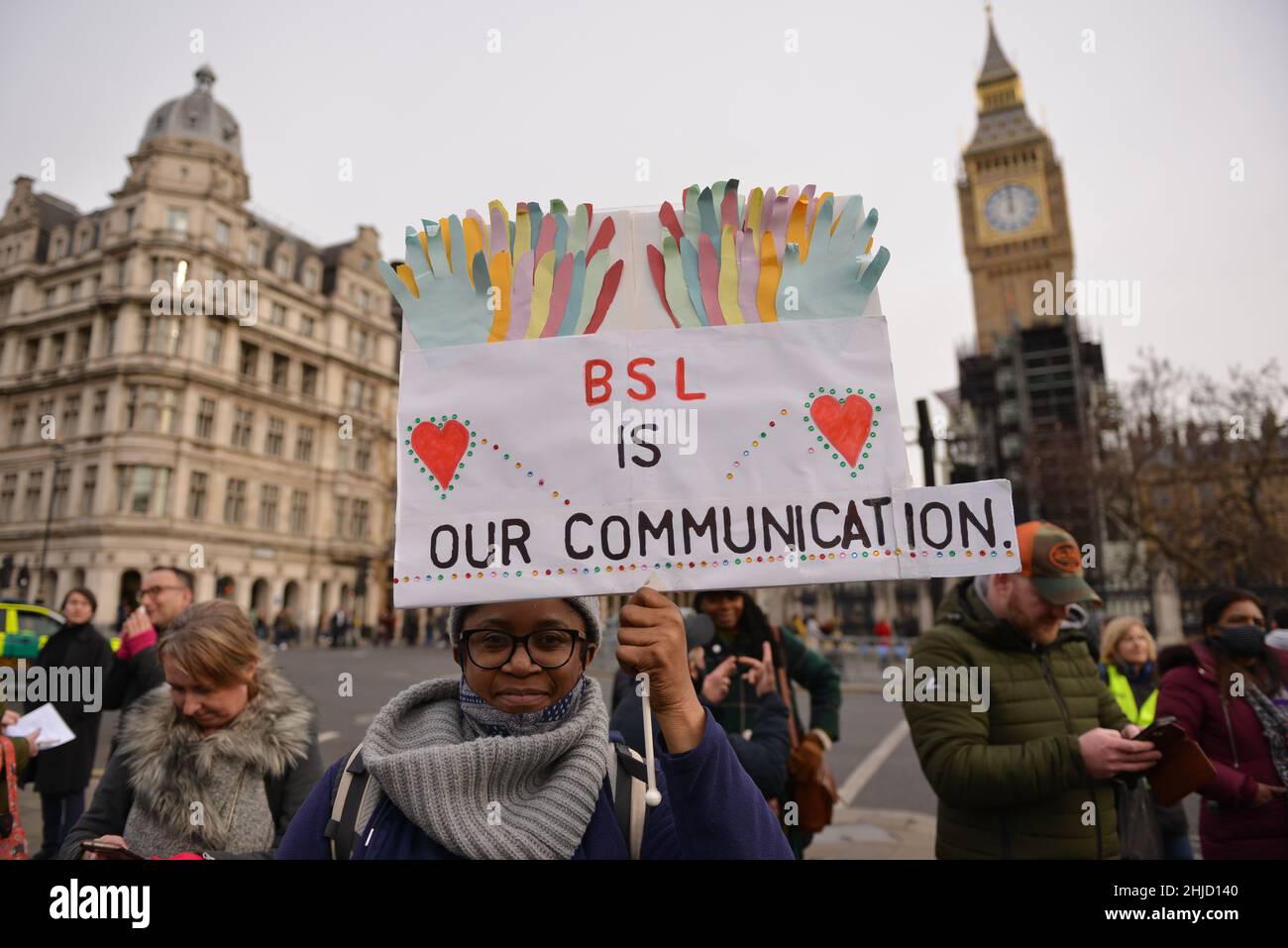 London, England, UK. 28th Jan, 2022. Demonstrator holds a placard ...
