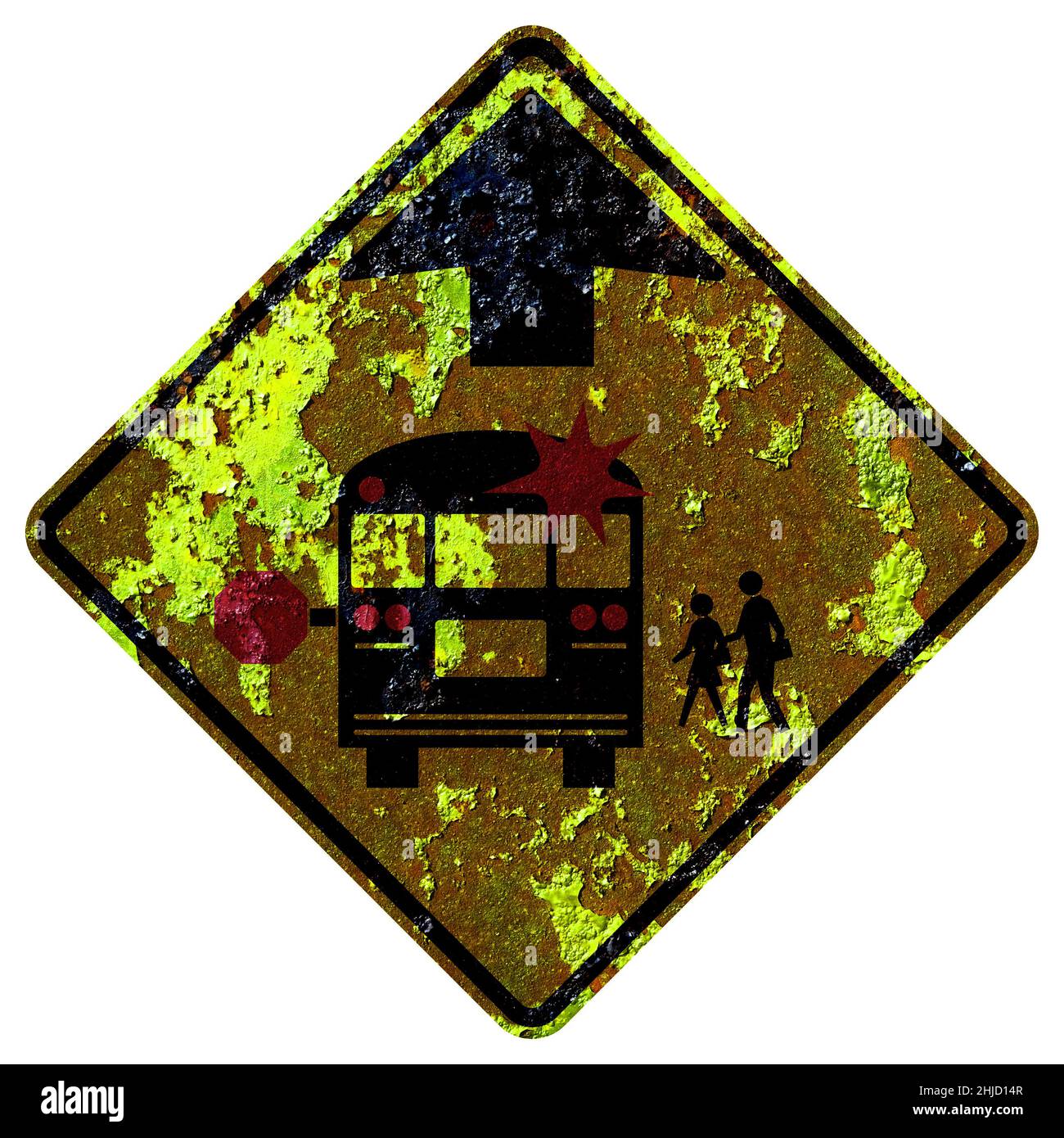 Old rusty American road sign - School bus stop ahead Stock Photo - Alamy