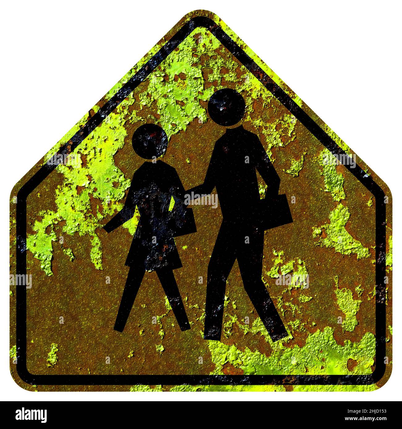Old rusty American road sign - School advance (also used for pedestrian ...