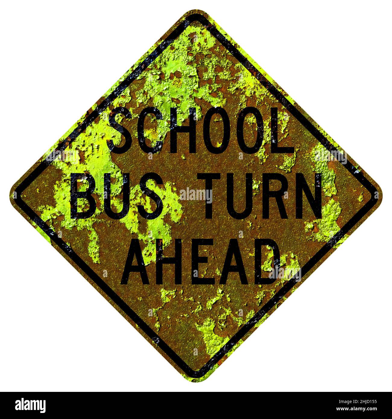 Old rusty American road sign - School bus turn ahead Stock Photo - Alamy