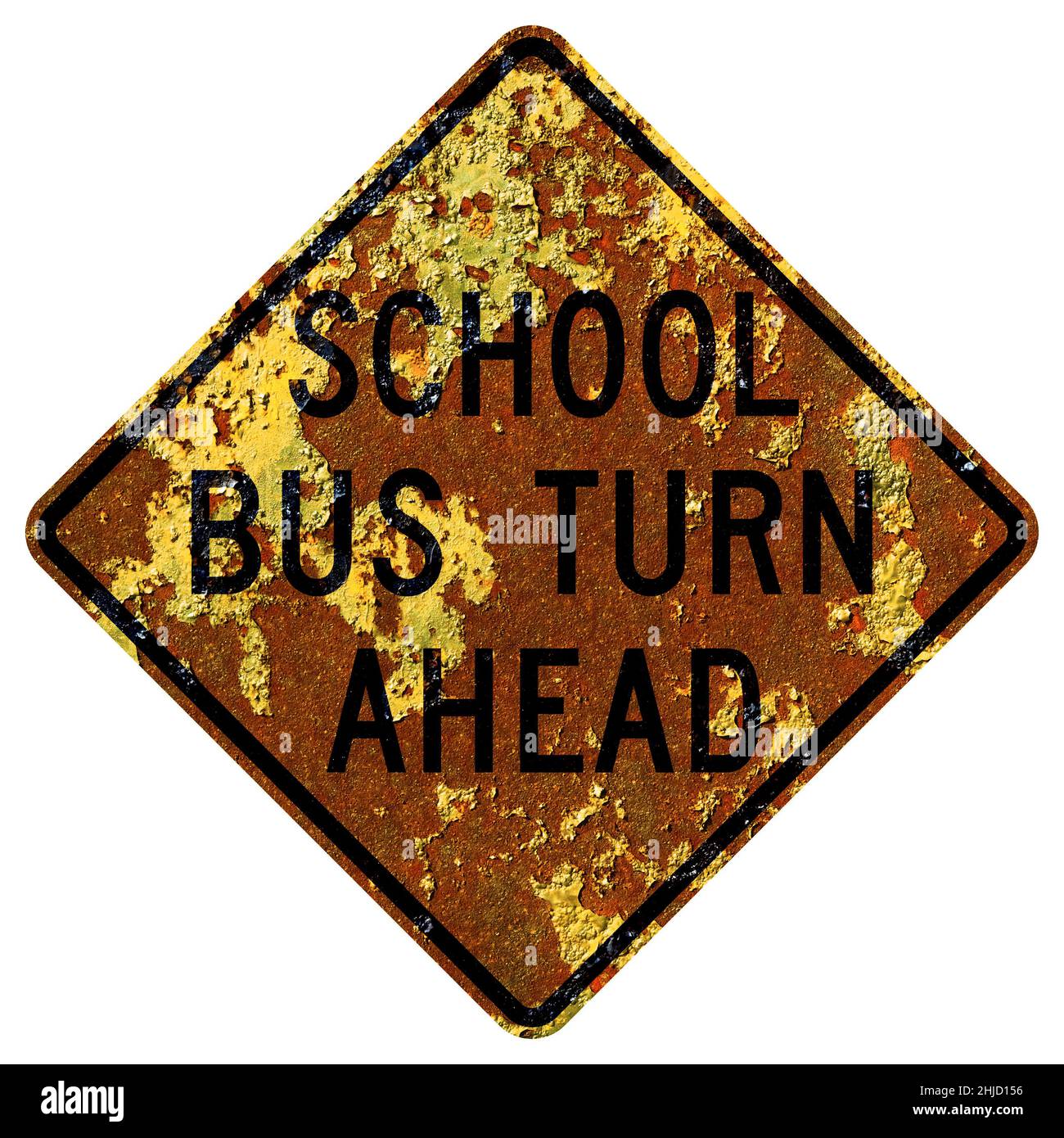 Old rusty American road sign - School bus turn ahead sign, Ohio Stock ...