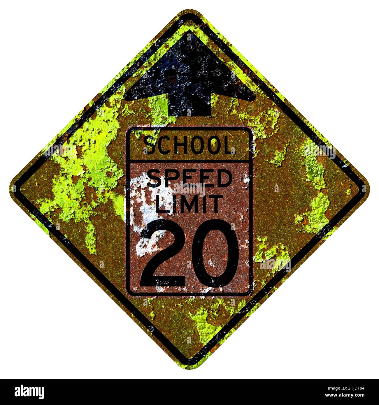 Old rusty American road sign - School speed limit ahead Stock Photo - Alamy