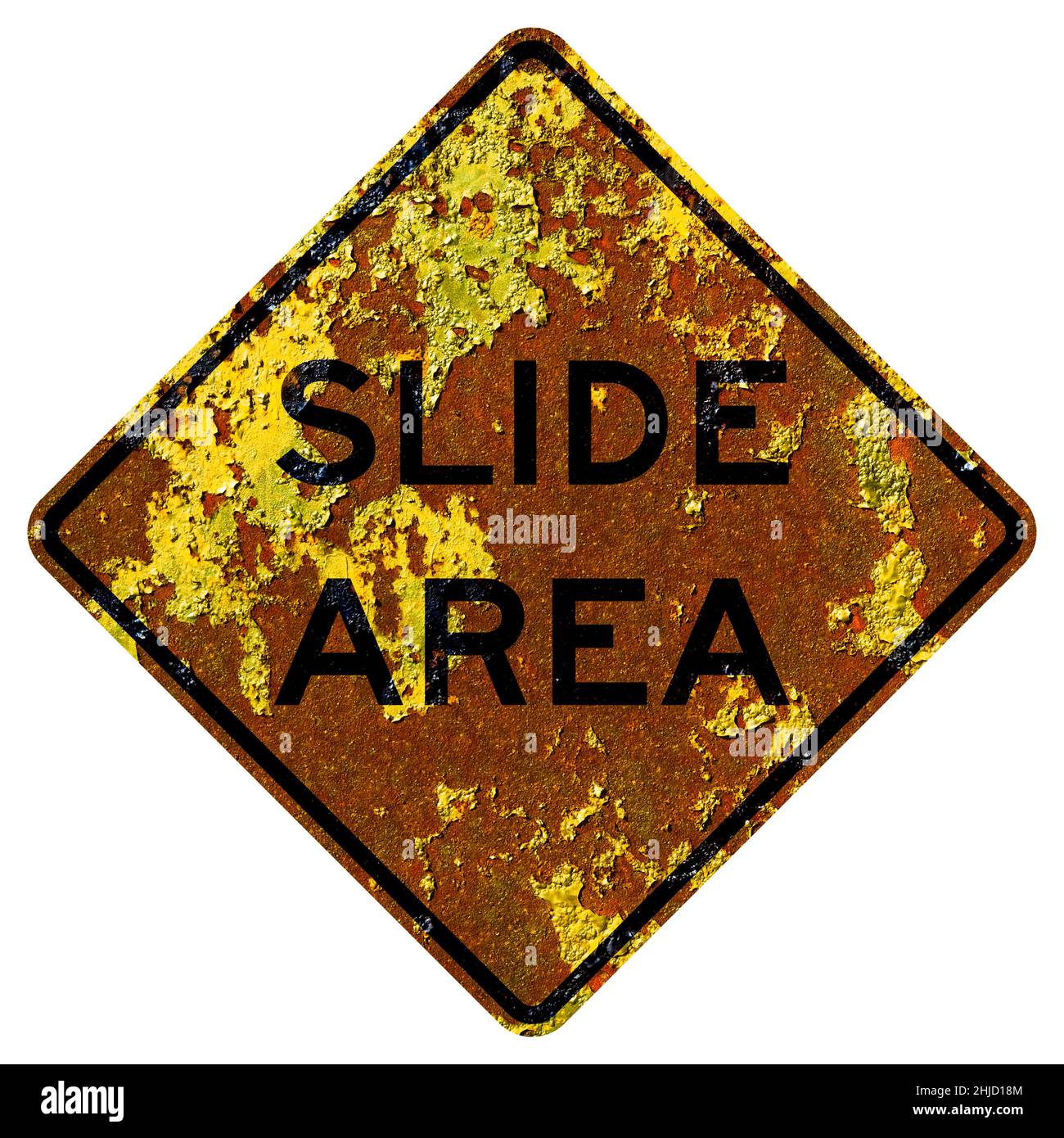 Old rusty American road sign - Slide area, California Stock Photo - Alamy