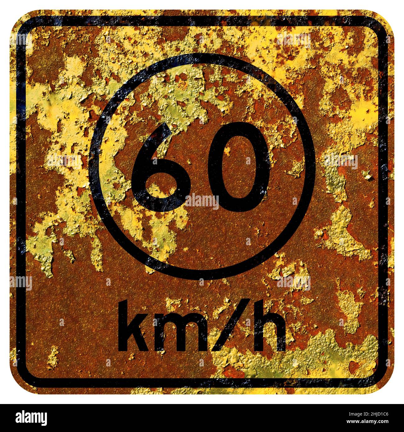 Old rusty American road sign - Speed advisory, metric Stock Photo - Alamy