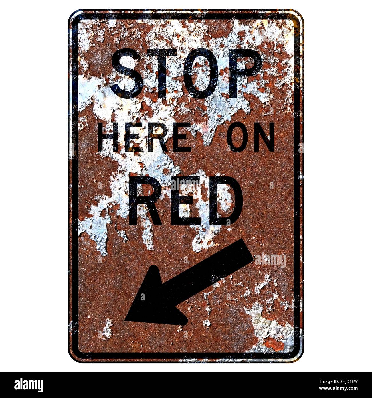 Old rusty American road sign - Stop here on red Stock Photo - Alamy