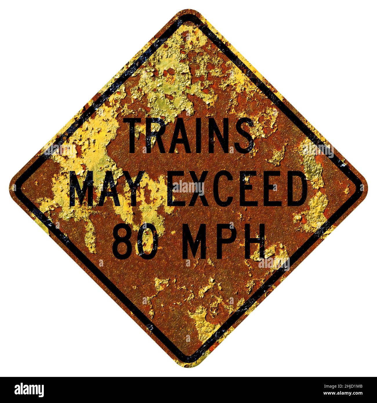 Old rusty American road sign - Trains may exceed 80 mph Stock Photo - Alamy