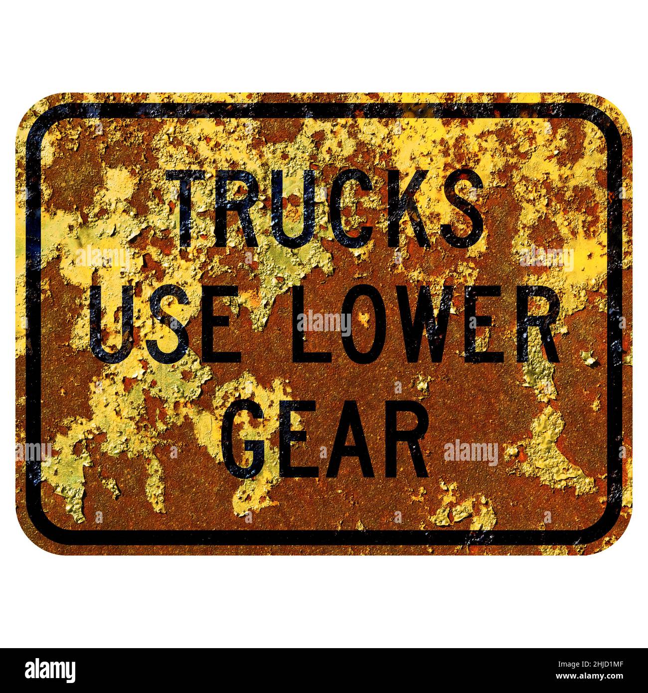 Old rusty American road sign - Trucks use lower gear Stock Photo - Alamy